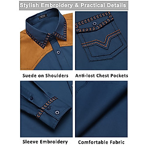 COOFANDY Mens Shirt Western Cowboy Embroidered Long Sleeve Slim Fit Casual Cotton Button Down Hippie with Pockets, Blue, Large, Long Sleeve