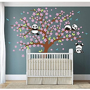 LUCKKYY Three Pandas Plying on Cherry Blossom Trees Branches Wall Decal Tree Wall Decal Tree Wall Sticker Nursery Bedroom Kid Baby Wall Decals Forest Mural Paper Nursery Vinyl Removable (Brownpink+)