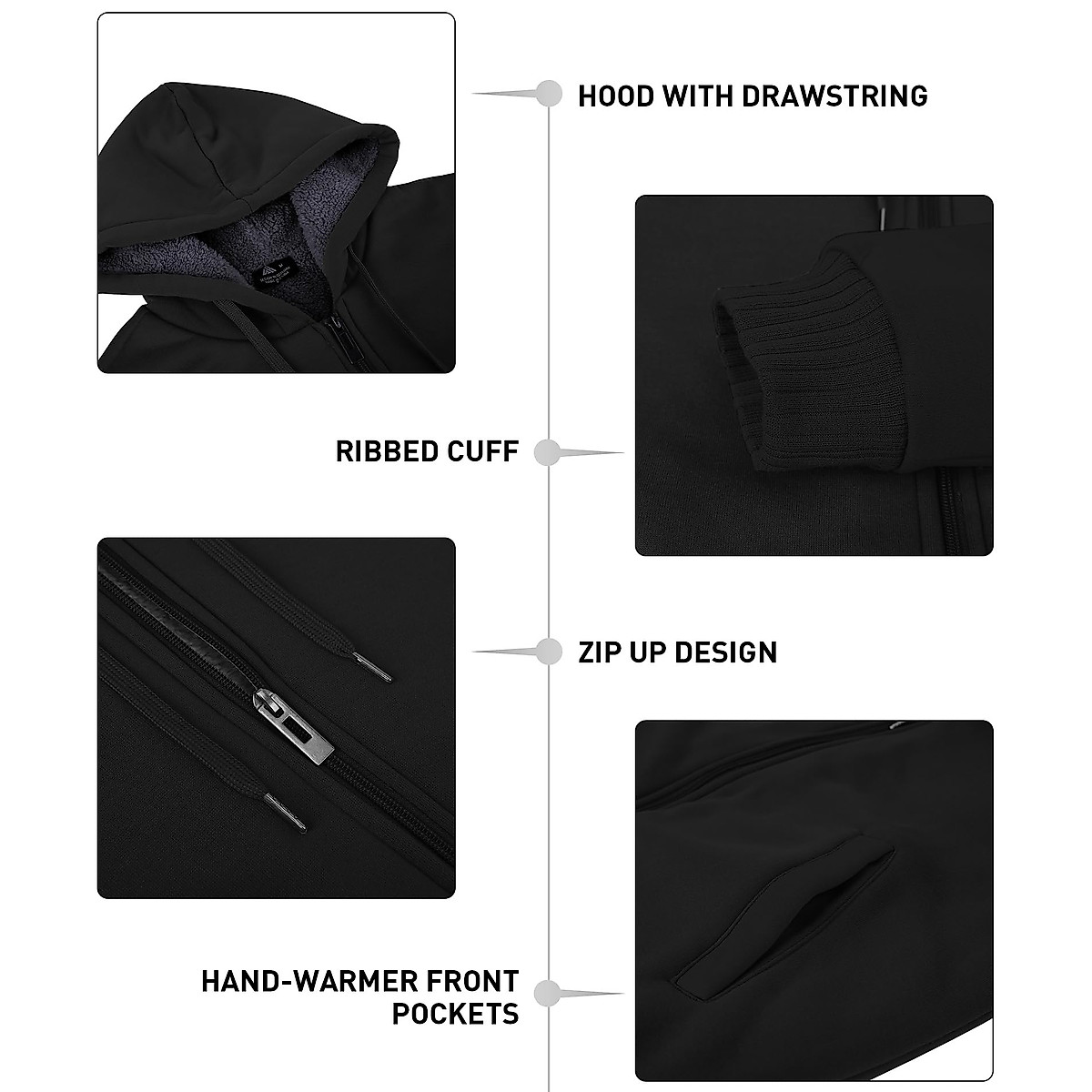 GEEK LIGHTING Hoodies for Men Heavyweight Fleece Sweatshirt - Full Zip Up Thick Sherpa Lined, Pure black L