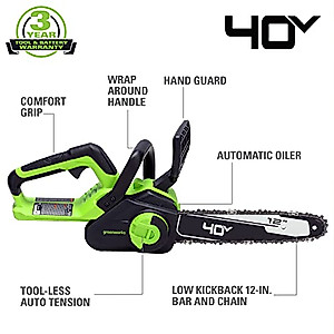 Greenworks 40V 12" Chainsaw, 2.0Ah Battery and Charger Included (Gen 2)