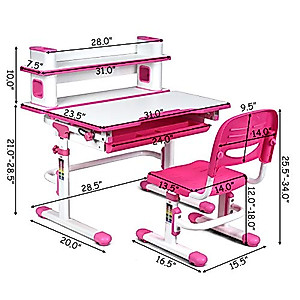 BABY JOY Kids Desk and Chair Set, Height Adjustable, Student Study Table with Storage Drawer, Bookshelf and Tilted Desktop, Children Writing Table for Studying, Reading and Drawing (Pink)