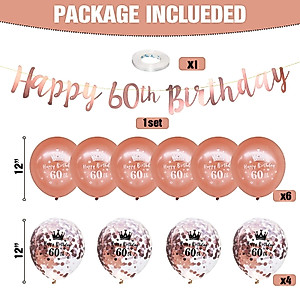Happy 60th Birthday Banners Women, Rose Gold 60th Birthday Decorations Kit with Happy 60th Birthday Banner Bunting 12Inch Happy 60th Birthday Confetti Balloons for 60th Birthday Party Supplies