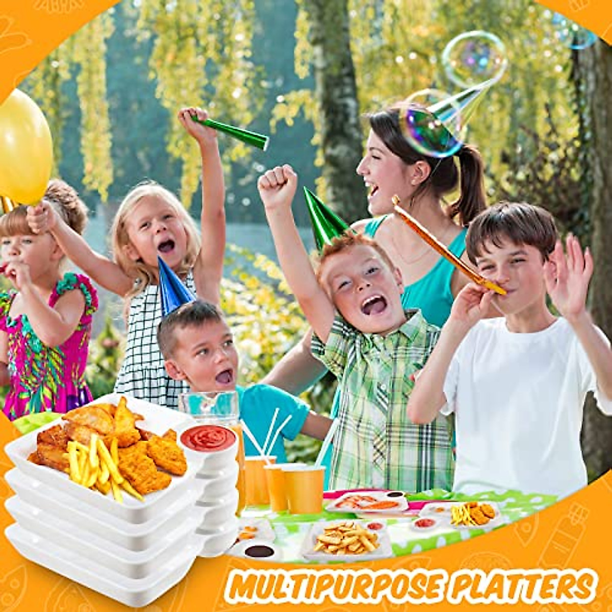 Mumufy 8 Pcs Chip and Dip Serving Set Serving Dishes Plastic Serving Platter Dumpling Plate with Sauce Compartment Japanese Plates Small Dip Tray for Sushi Taco Salsa Snack Food (White)