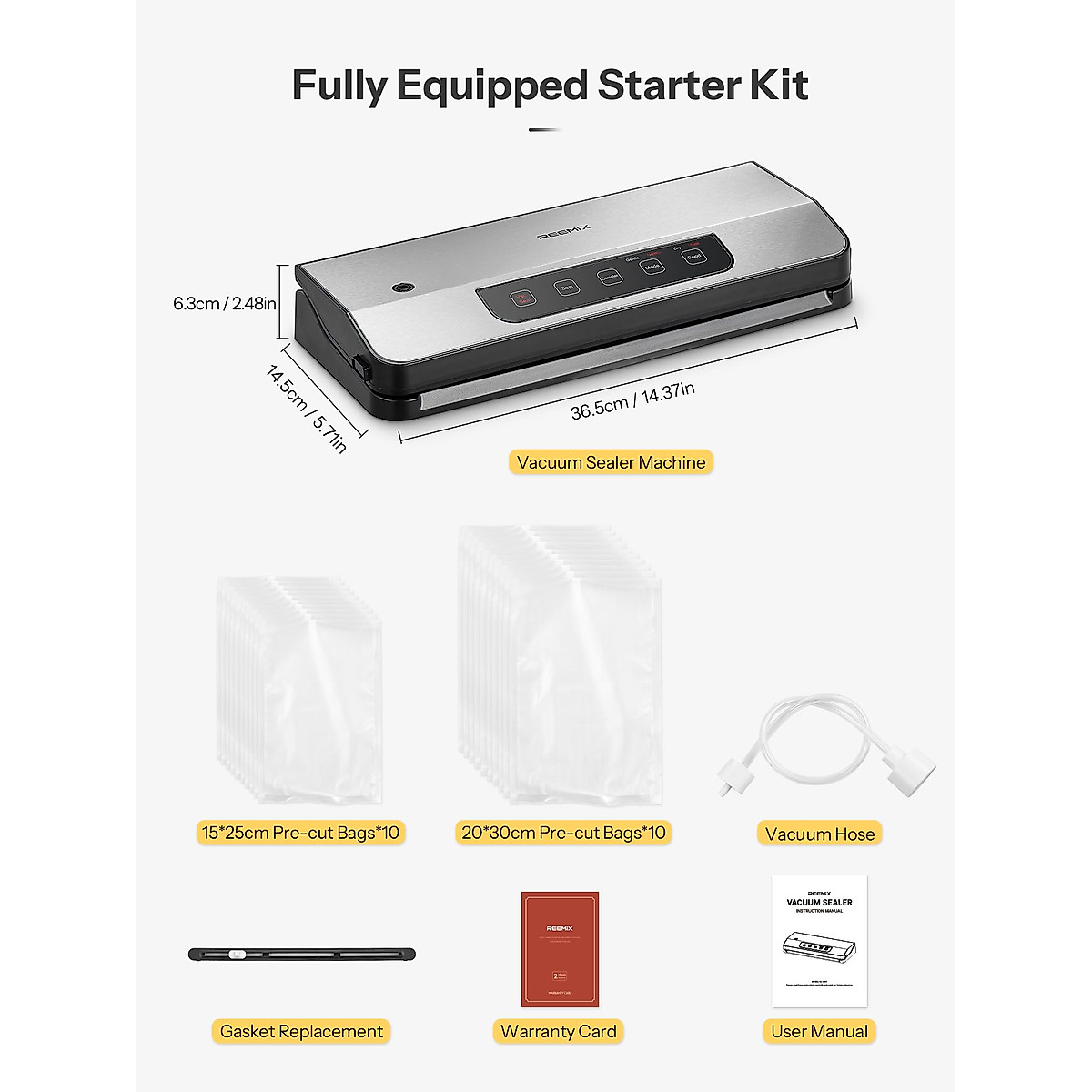 Vacuum Sealer Machine, Reemix Automatic Food Vacuum Sealer with Starter Kit, Air Sealing for Food Storage with 20 Bags, Pulse Function, Moist&Dry Mode and External VAC