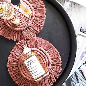 2 Pack Macrame Pink Coasters for Drinks, 7in Woven Boho Coaster Set, Handmade Absorbent Cotton Boho Coasters for Wooden Table Decor Boho Home Decor Housewarming Gift