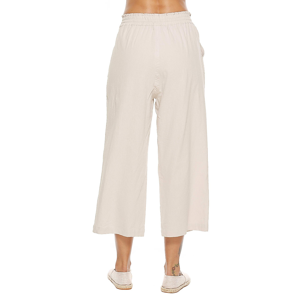 LNX Women's Linen Pants High Waist Wide Leg Drawstring Casual Loose Trouser Beige