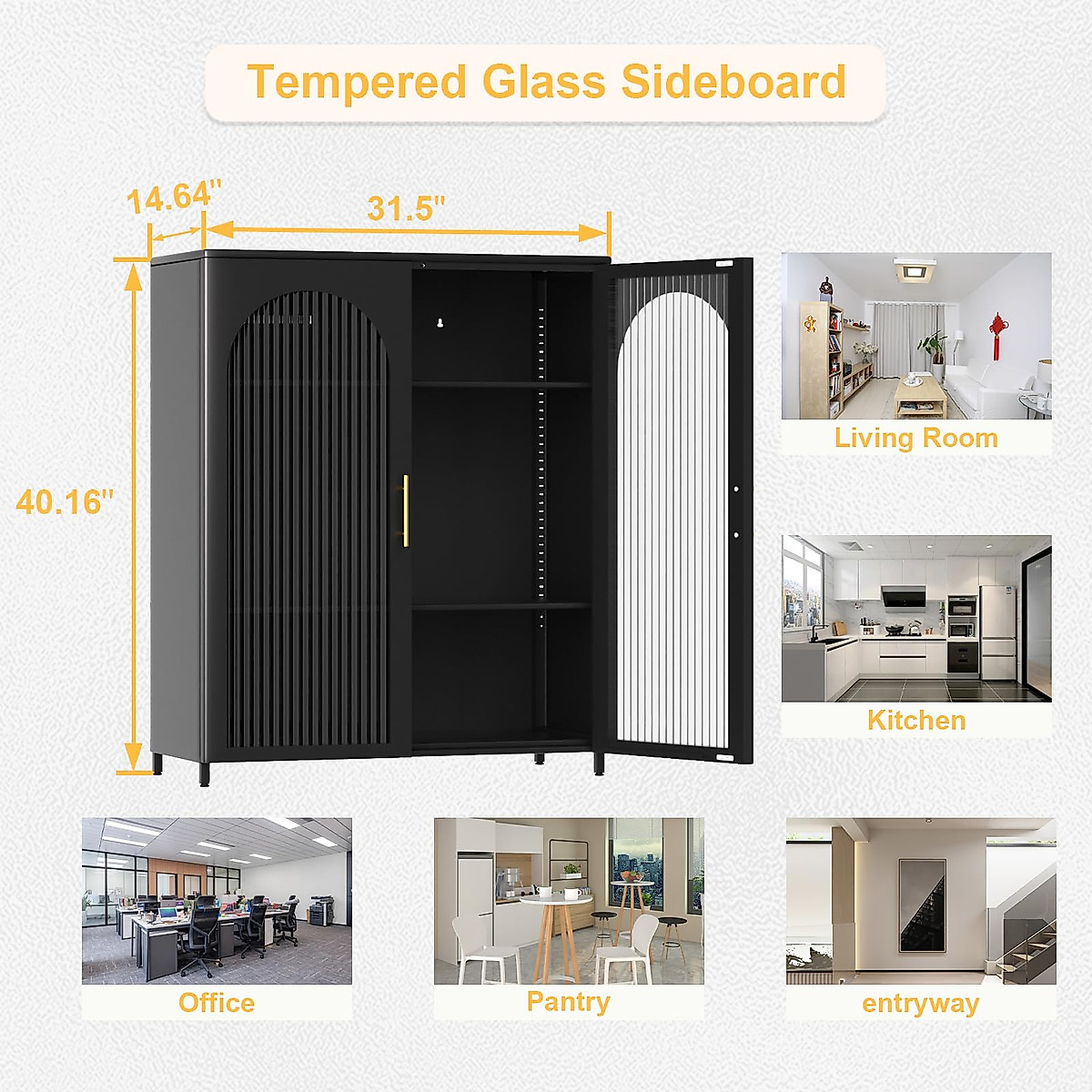 OSEILLC Metal Sideboard Buffet Cabinet with Tempered Glass Doors, Accent Cabinet with Adjustable Shelves, Credenza Cupboard Console Table for Kitchen, Living Room, Dining Room, Bedroom, Hallway