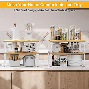 OGEMXU Cabinet Shelf Organizers, 15.7 inches Large Kitchen Counter Shelf, Set of 4 Wood Kitchen Pantry Organizer, Storage Shelves for Countertop, Spice Rack, Stackable, Expandable, Metal White, Nature