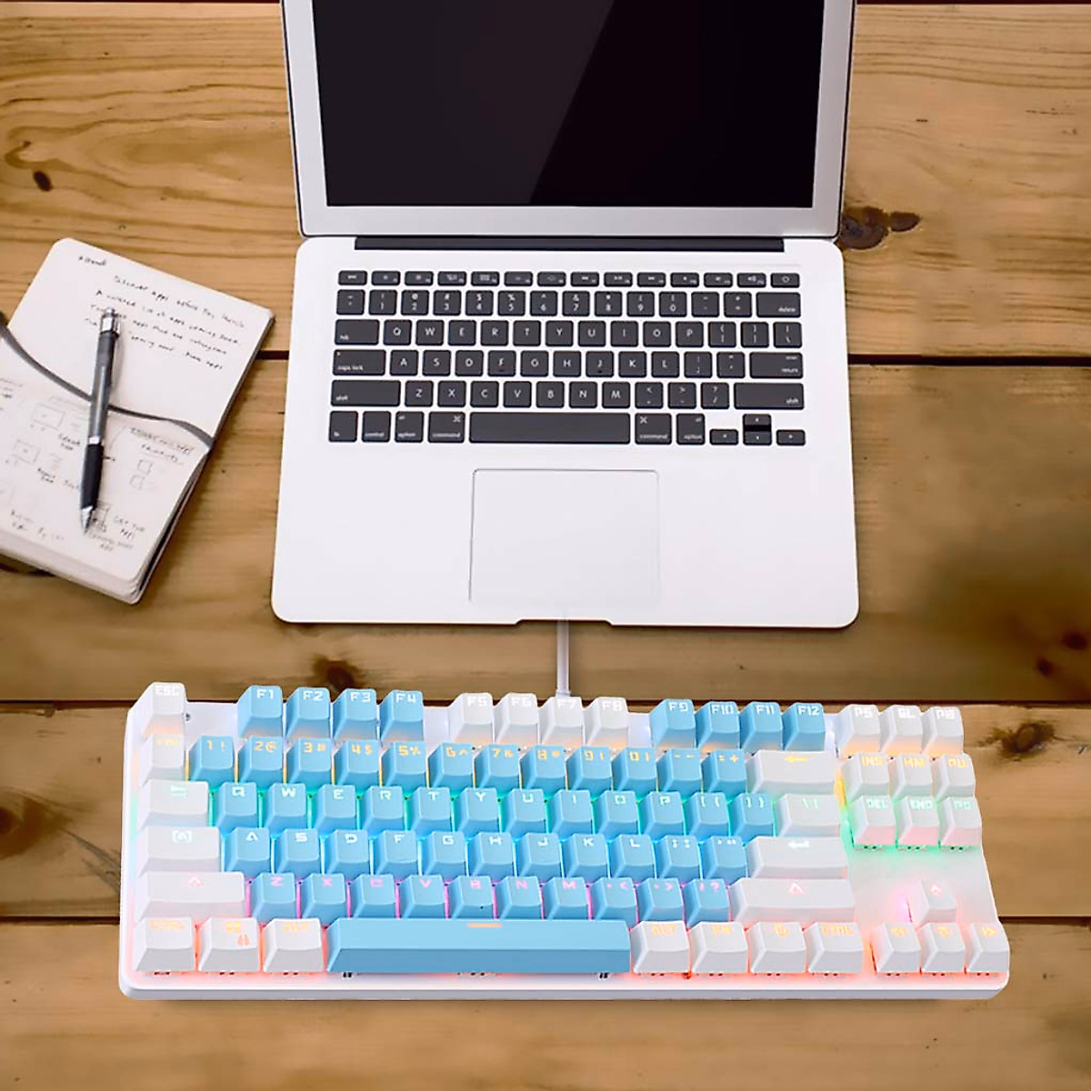 BLUEXIAO K100 Mechanical Gaming Keyboard, USB Wired Green Axis Ergonomic Mechanical Feeling Keyboard with Blue Switches for Desktop, Computer, PC (87 Keys,BlueWhite)