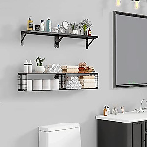 Aiyome, Wall Floating Shelves, Wall Mounted Shelf Set of 4, with Metal Baskets, Rustic Décor Style, Shelf for Bathroom, Kitchen, Bedroom, Storage, Living Room - Black.