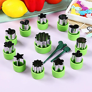 Vegetable Cutters Shapes Set, 12pcs Stainless Steel Mini Cookie Cutters, Vegetable Cutter and Fruit Stamps Mold + 20pcs Cute Cartoon Animals Food Picks and Forks -for Kids Baking and Food Supplement