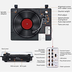 Record Player with Bluetooth Output Input for Vinyl with Speakers,Turntable for Vinyl Records Supporting Vinyl to MP3 Encoding TS USB Folder Counter Weight Speed Adjust