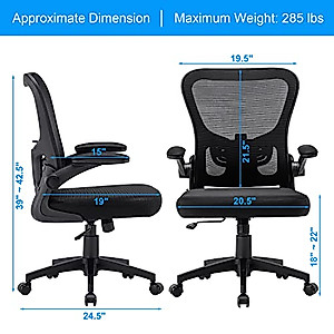 Furniliving Ergonomic Mesh Office Chair, Home Office Chair Mid Back Task Chair with Lumbar Support, Tilt Function, Office Chairs Swivel Computer Desk Chair with Flip-Up Arms, Black (MidBack)