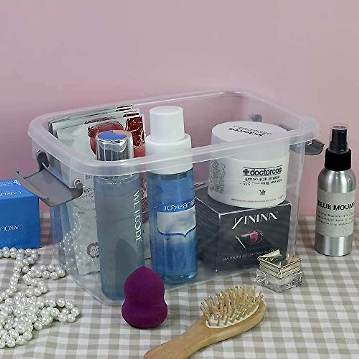 Minekkyes 6-Pack Home Storage Bins, Plastic Container, Latching Box with Handle (Grey handle)