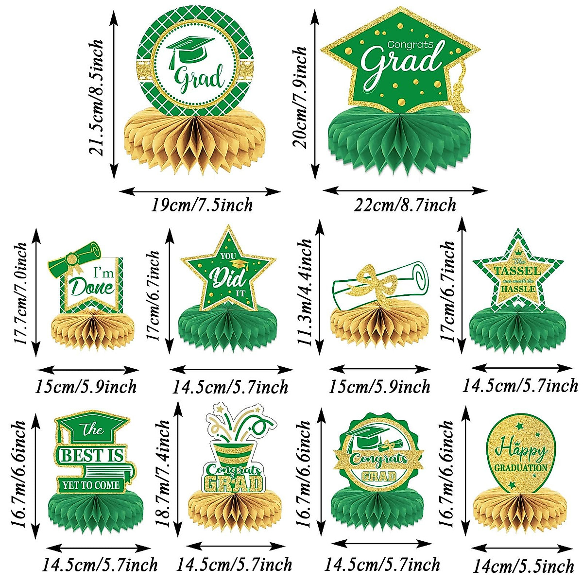 10PCS Class of 2024 Graduation Party Decorations 2024 Congrats Grad Honeycomb Centerpieces Congratulate Graduation Table Toppers for Graduation Party Favor Supplies(Green)