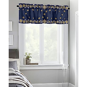 Christmas Day Kitchen Curtain Valance for Window Winter Geometric Snowflake 60x18In Rod Pocket Valances Short Curtains Window Treatment for Living Room Bathroom Bedroom Cafe Decor Gold White on Blue