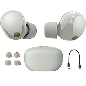 Sony WF-1000XM5 Industry Leading Noise Canceling Truly Wireless Earbuds (Silver) Bundle with Silicone Case (Black), Memory Foam Ear Tips, USB-A to USB-C Cable & 1 YR CPS Enhanced Protection Pack