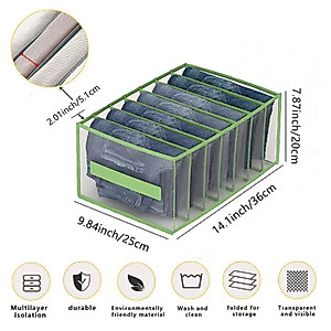 Upgraded 7 Grids Wardrobe Clothes Organizer for Drawer, Clothes Organizer for Folded Clothes, Jean Storage Organizers for Closet T-shirt Pants Legging (Green, 2Pcs)