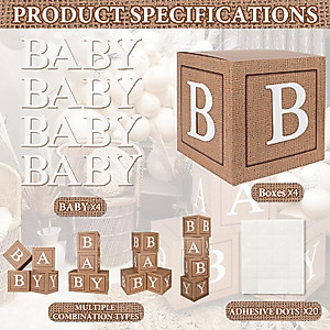 Keencopper Burlap Print Baby Boxes with Letters for Baby Shower, 4pcs Rustic Theme Boho Balloon Boxes Blocks Gender Neutral Baby Shower Decorations for Birthday Gender Reveal Backdrop