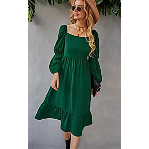 AOVDE Women's Square Neck 3/4 Sleeve Dress Solid Color High Waist Fall Dress Casual Party Flowy Midi Dress Green Small