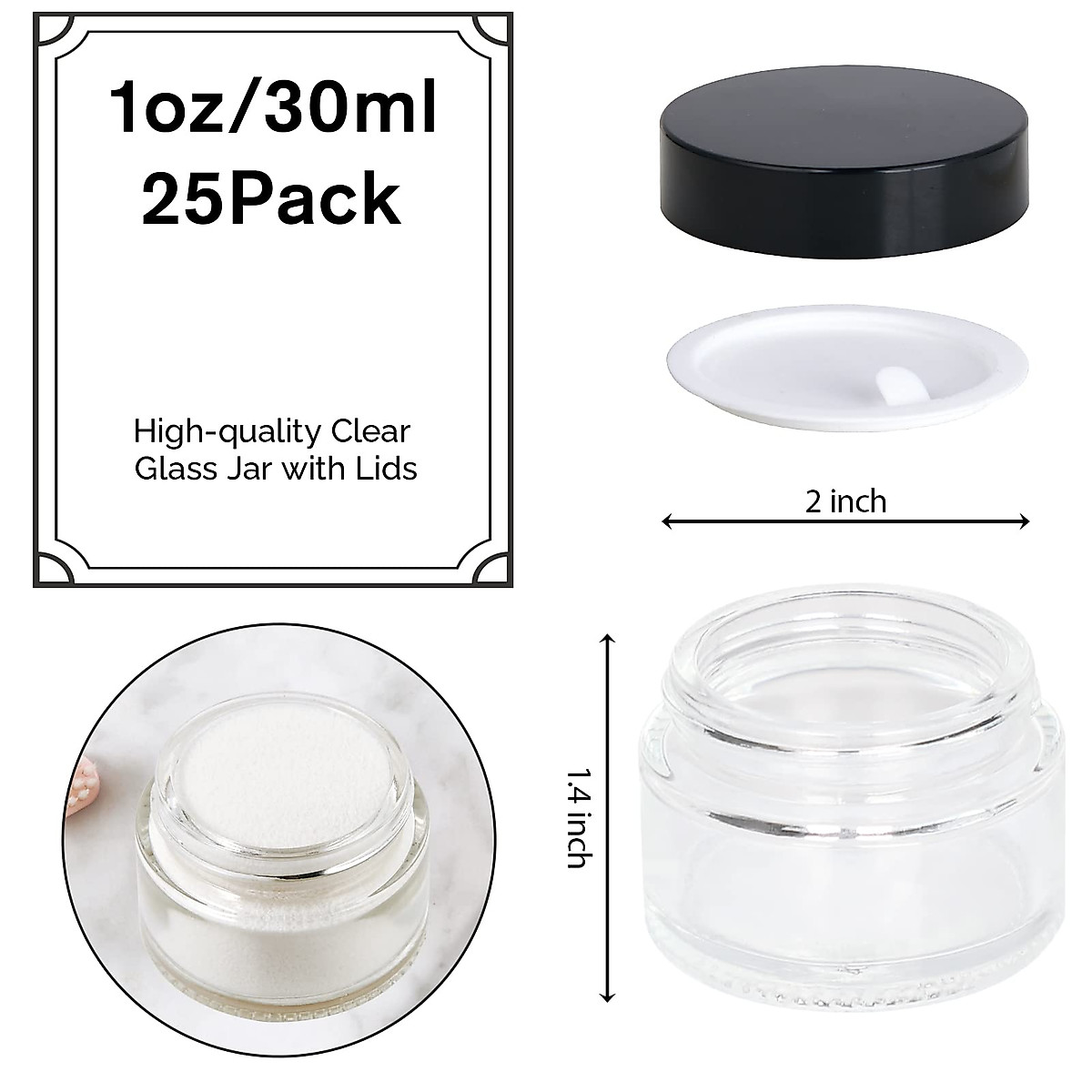 1oz Glass Jar with Lid, Hoa Kinh 25Pack Clear Round Containers Cosmetic Glass Jars with Inner Liners and Black Lids Travel Jars for Storing Lip and Body Scrub, Lotion, Body Butter, Bath Salts, Liquid