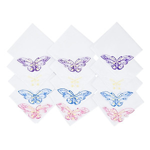 Selected Hanky Women's Cotton Handkerchiefs with Butterfly Lace at Corner, Ladies Hankies 12 Pcs