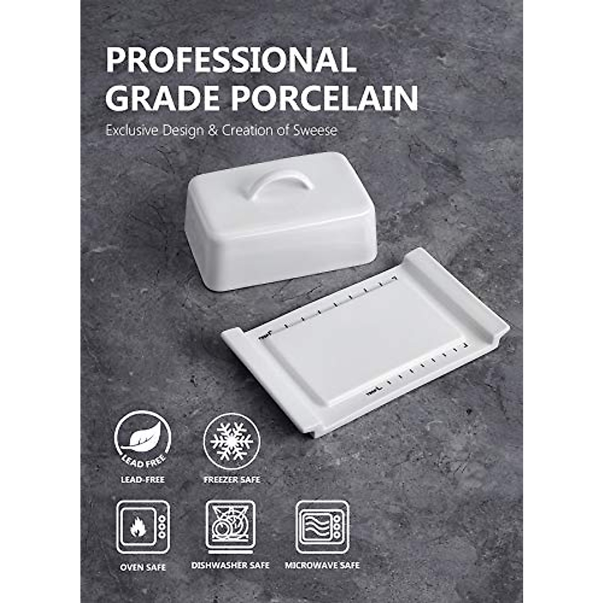 Sweese 318.101 Butter Dish with Lid, Butter Keeper with Handle - TBSP Markings, for Kerrygold, East and West Coast Butter, White