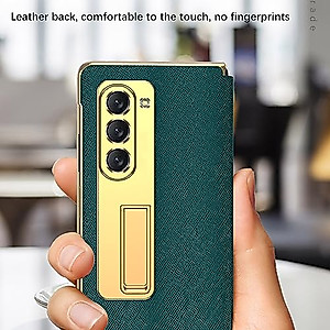 lefeda Leather Case for Samsung Galaxy Z Fold 5, Full Body Protection Electroplated Case with Tempered Glass Screen and Hidden Stand Shockproof Phone Cover,Gold