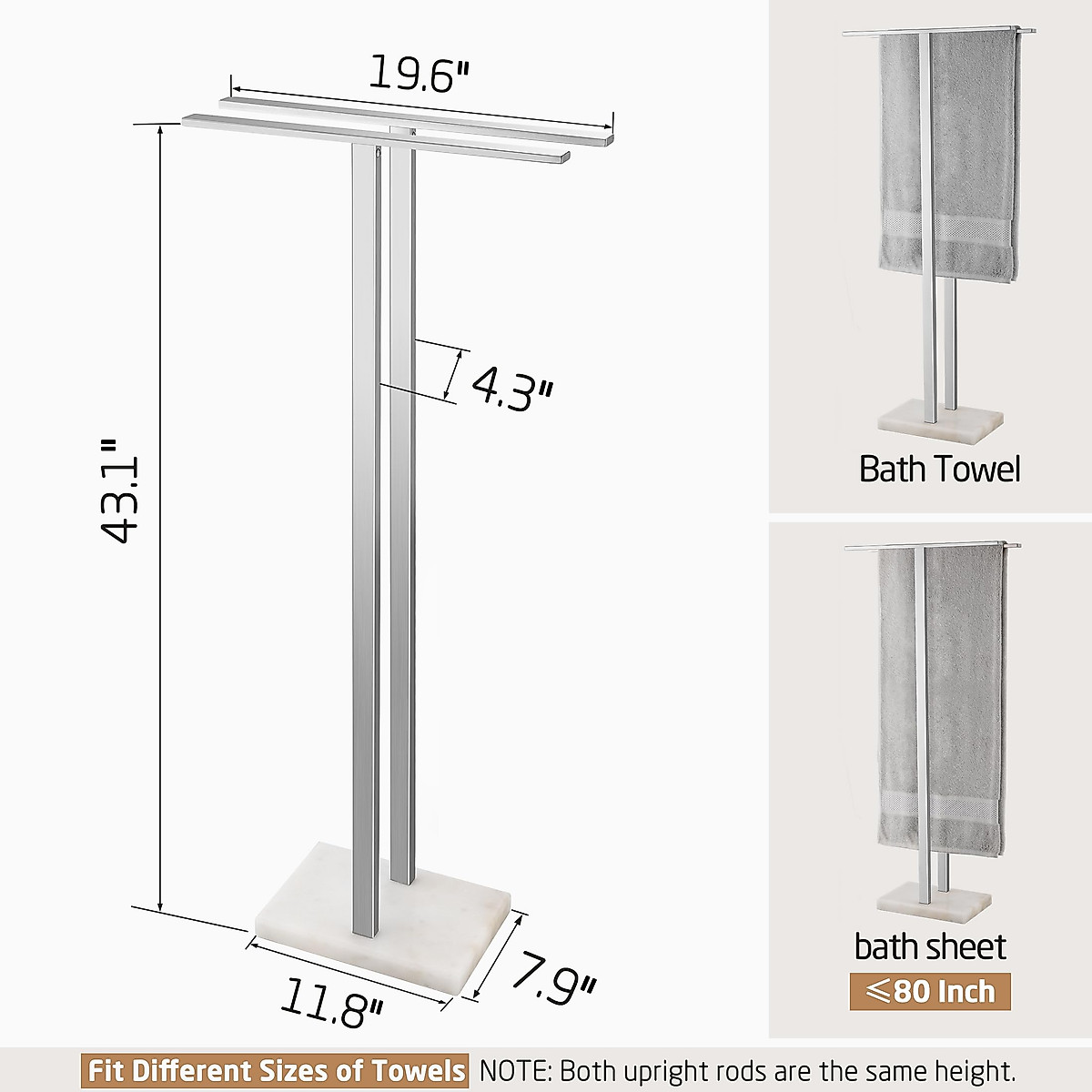 KES Standing Towel Rack for Bathroom, Free Standing Towel Rack Bathroom Floor with Weighted Marble Base 2-Tier, Extra High Thick Double Bath Towel Holder 18/8 Stainless Steel Brushed Finish, BTH232-2