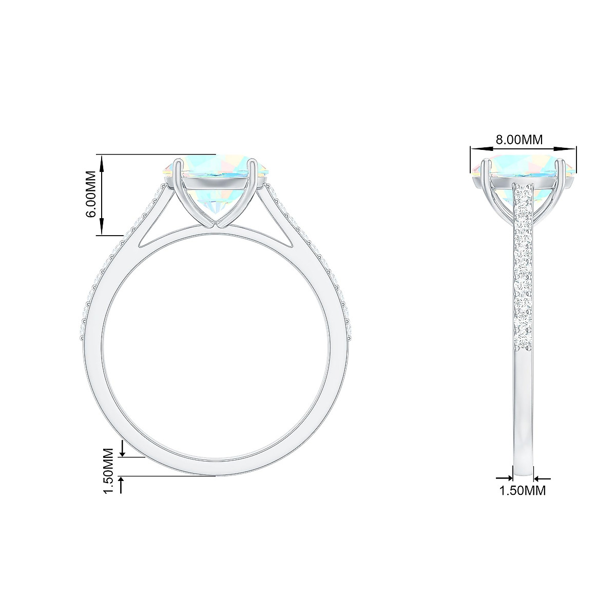 Natural Opal 8mm Round Engagement Ring for Women, AAA Quality, Rainbow Opal Diamond Solitaire Ring - Ready to Gift, 14K White Gold, Size:US 8.50