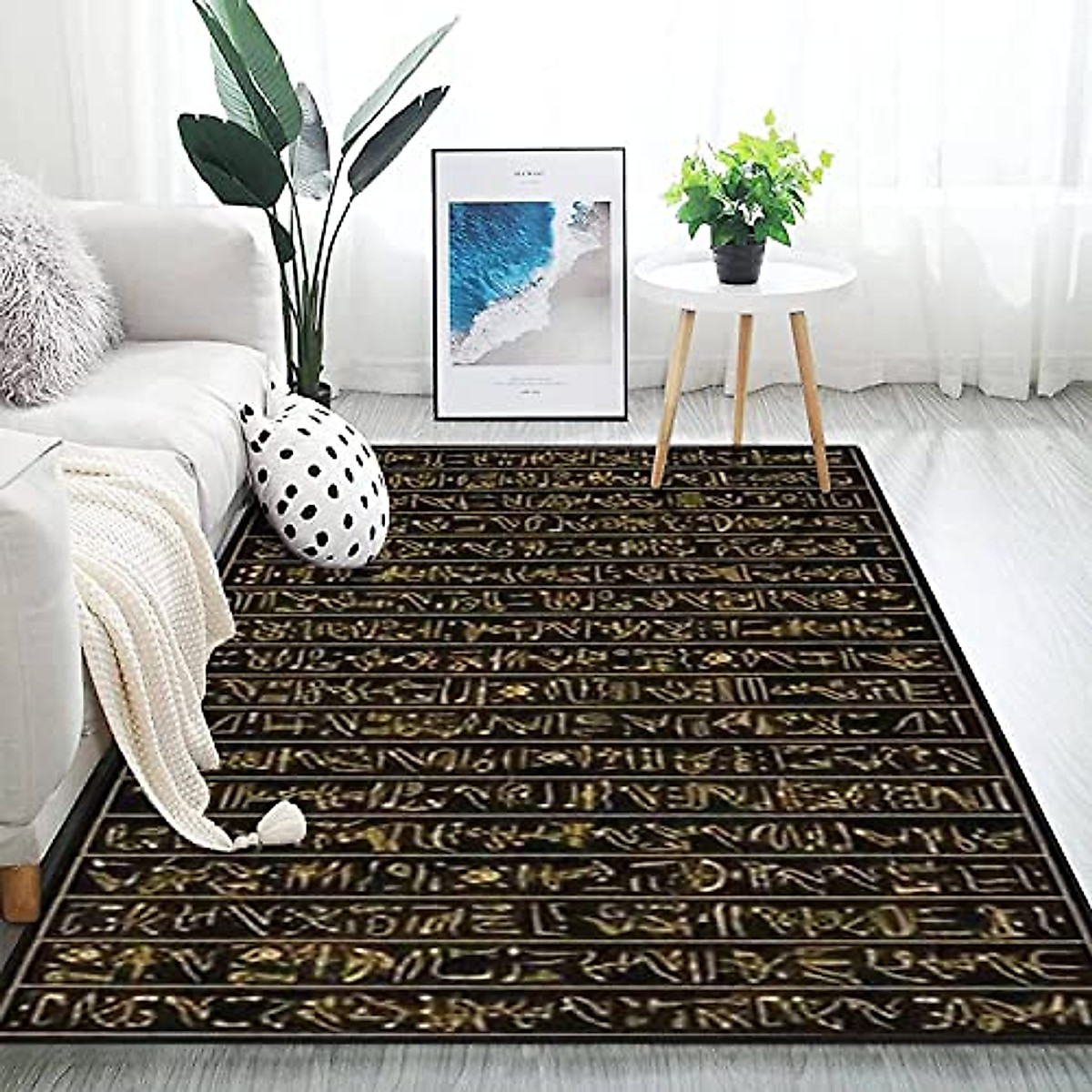 Modern 3D Home Area Rugs Ancient Golden Egyptian Hieroglyphs Alphabet Over Black Ancient Carpets Non-Slip Extra Size Yoga Mat Runner Rug for Living Room Bedroom Girls Playroom Home Decor