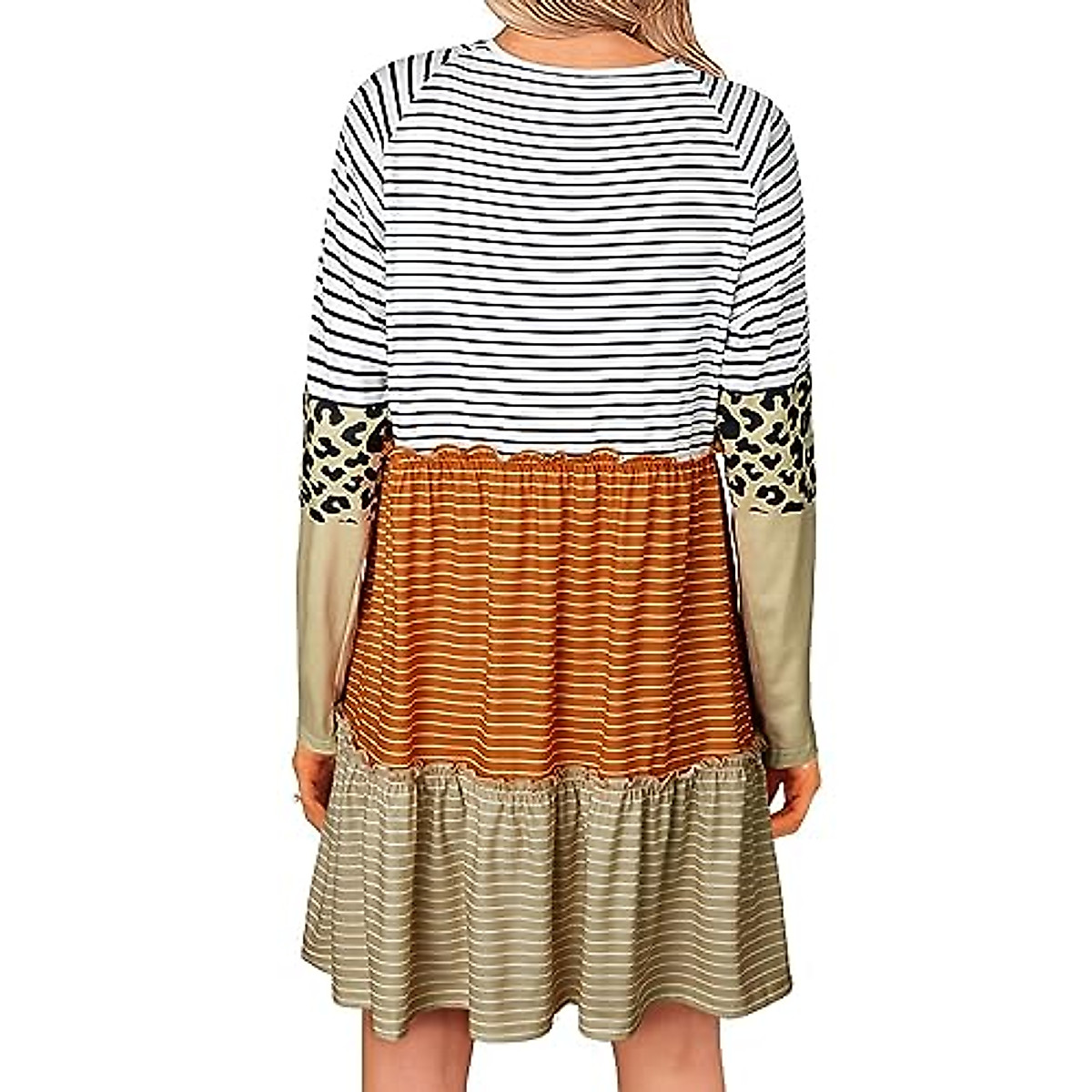 Women Casual Long Sleeve Tunic Dress Cute Button V Neck Swing Babydoll Flowy Tiered Mini Ruffles Dresses Loose Leopard Striped Color Block