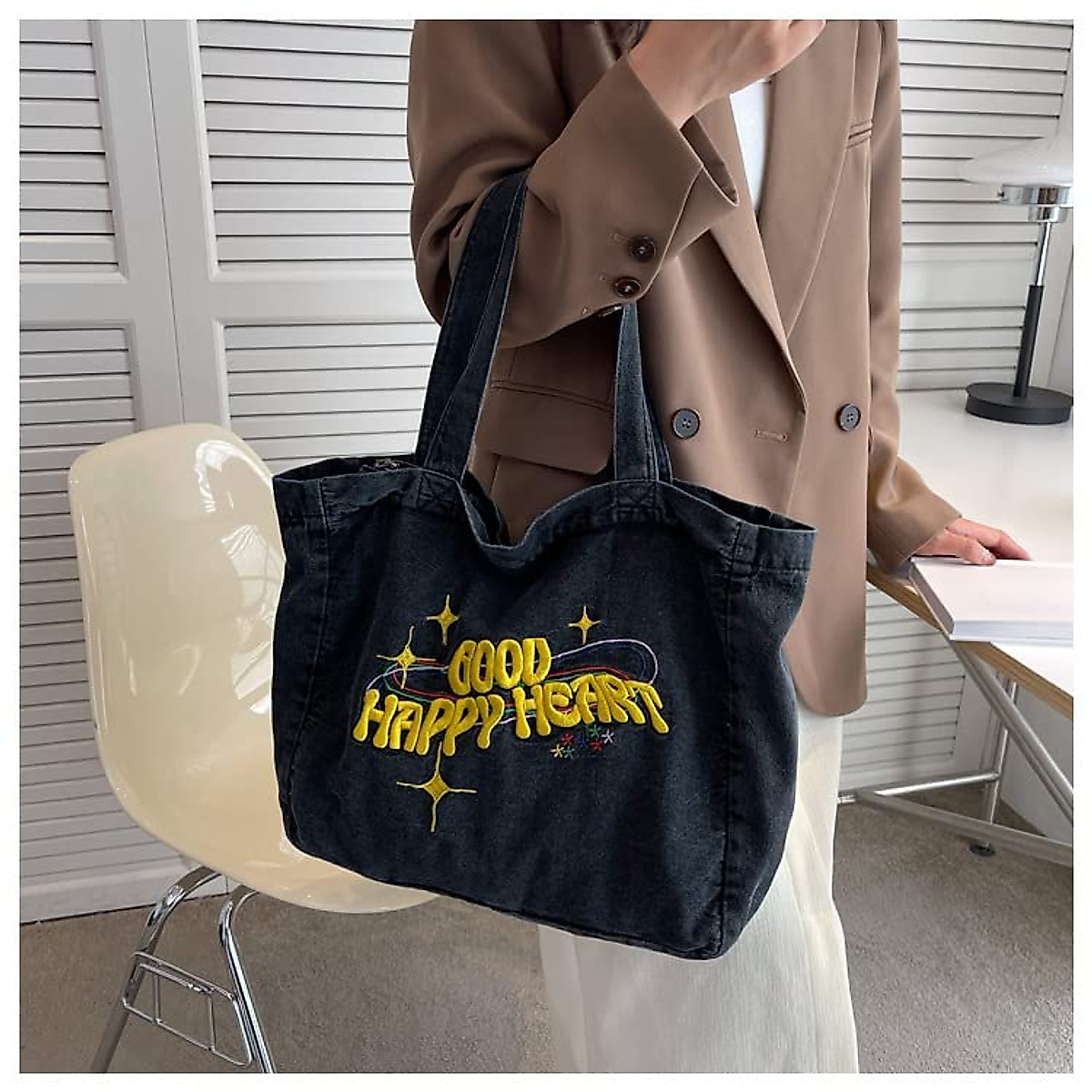 Retro Y2K Denim Shoulder Bag, Hobo Crossbody School Bag, Aesthetic Handbag Fairy Grunge Tote Bag (black)