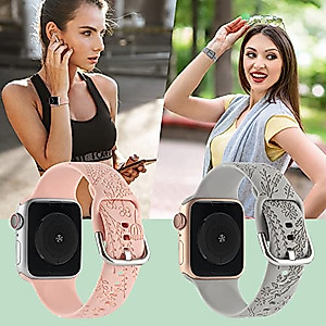 Flower Engraved Silicone Band Compatible with Apple Watch Bands 38mm 40mm 41mm, Cute Women Wildflowers Floral Design Soft Sport Strap Replacement Wristbands for iWatch Series 8 7/SE/6/5/4/3/2/1 (42/44/45mm, Grey Pink)