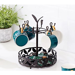 INMTIE Coffee Mug Holder Tree Stand for Bar Kitchen Counter Mug Tree with Storage Basket Multifunctional Coffee Cup Holder For Counter with 6 Hooks for Coffee Bar