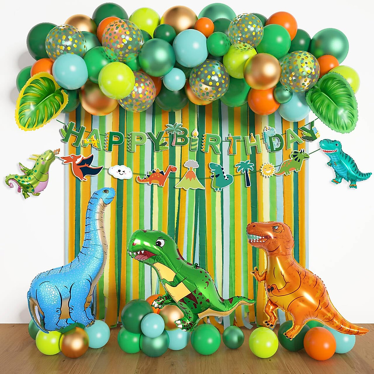 Dinosaur Birthday Party Decorations Supplies Happy Birthday Banner Crepe Paper Green Orange Blue Gold Dino Foil Balloons Garland Arch Kit for Jungle Safari Dinosaur Themed Baby Shower Party Boys Kids