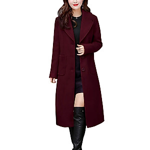 chouyatou Women's Big Notch Lapel Single Breasted Mid-Long Wool Blend Coat (Large, Wine Red)