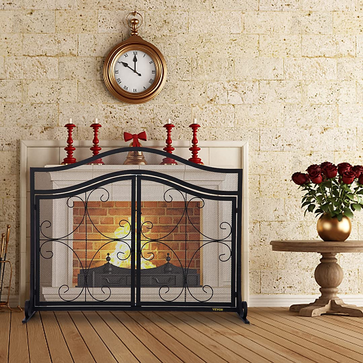 VEVOR Fireplace Screen, 39 x 26.6 Inch, Double Door Iron Freestanding Spark Guard with Support, Metal Mesh Craft, Broom Tong Shovel Poker Included for Fireplace Decoration & Protection, Black