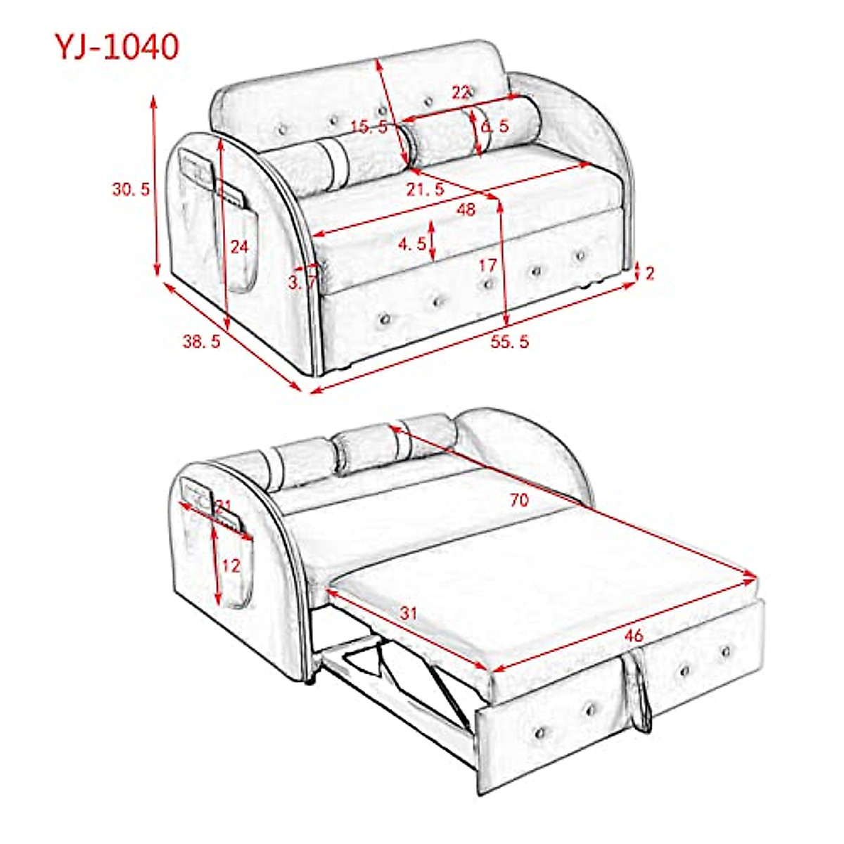 55.5" Pull Out Sofa Bed, Velvet 2 Seater Loveseats Sofa with Side Pockets, Convertible Sleeper Bed with Adjsutable Backrest and Pillows, Sofa Bed Couch for Apartment Office Living Room, Grey