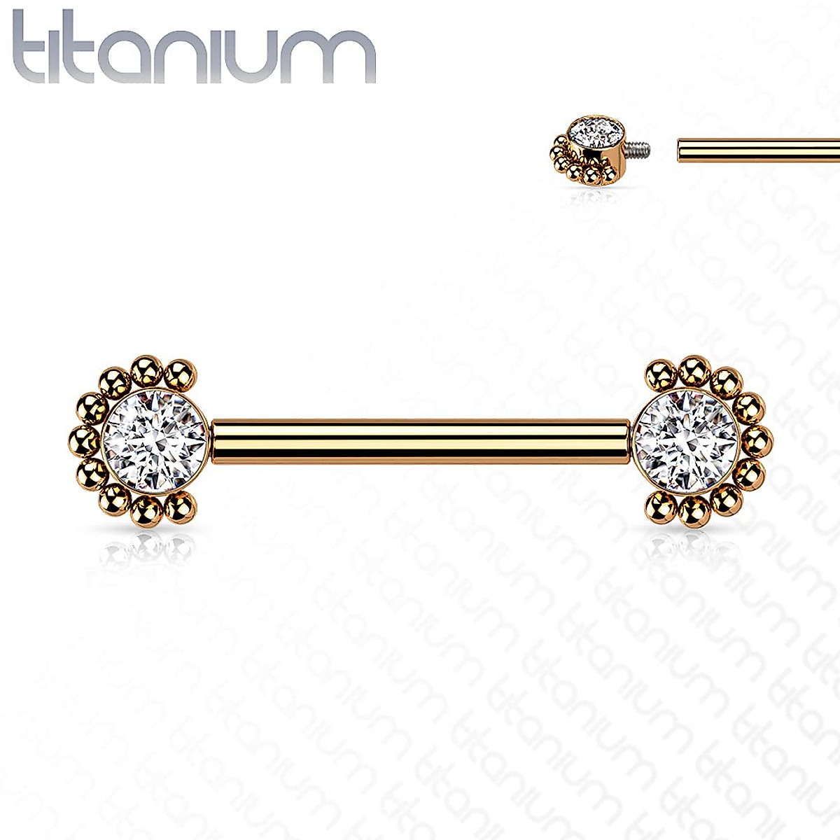 Dynamique Implant Grade Titanium Nipple Barbells Internally Threaded With Bezel Set CZ Center And Beaded Edge (Sold Per Pair Or Per Piece)