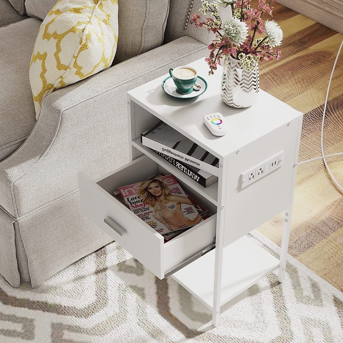 LDTTCUK Nightstand with Charging Station, Modern End Table with Drawer, White Bedside Table with Open Storage for Bedroom