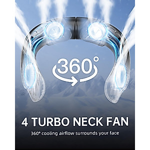 ASNUG Portable Neck Fan, 4 Turbo Neck Fan, 4000 mAh Battery Operated, USB Rechargeable Personal Fan, 3 Speeds, 360° Cooling Airflow, LED Display, Wearable Fan for Home, Office, Travel, Gifts