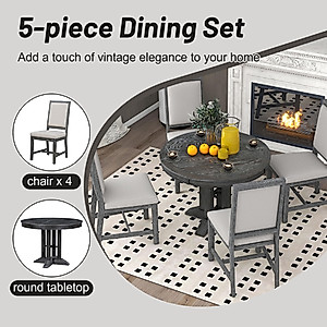 Merax 5-Piece Farmhouse Wooden Dining Set with Extendable Round Table and 4 Upholstered Chairs, for Kitchen, Black