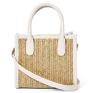 Like Dreams Women Fashion Crossbody Woven Straw Inner Polka Vegan Leather Summer Top Handle Purse (Ivory)
