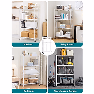 ALANNG Folding Storage Shelves with Wheels, Bookshelf with Storage, No Assembly Metal Rack Shelf for Kitchen, Office, Laundry, Garage (4 Tier, White)