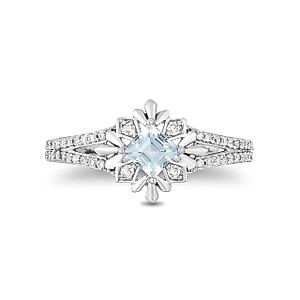 Jewelili Enchanted Disney Fine Jewelry Sterling Silver with 1/5 Cttw Diamond and Aquamarine Elsa Snowflake Ring Size 7
