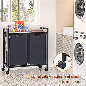 Homykic Laundry Hamper with Wheels, 100L Pull-Out Laundry Basket with Shelf, 2-Section Laundry Sorter Cart with Removable Laundry Bags 4 Hooks for Clothes, Bamboo Top and Metal Frame, White+Black