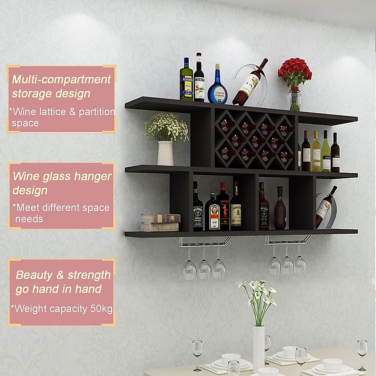 Dawselod 3 Tier Wall Mounted Wine Rack, Wooden Wall Wine Cabinet with 2 Glass Holder, Modern Simple Dining Room Storage Rack, Living Room Wine Decorative Shelf Display Shelf (100cm/39.3in)