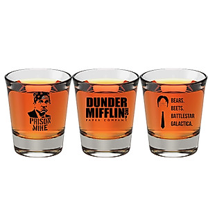 The Office Merchandise Shot Glass Gift Set - Prison Mike, Dunder Mifflin, & Bears Beets Battlestar Galactica - The Office Gifts for Men and Women