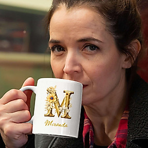 Personalized Floral Initial Letter M Name Ceramic Cups - Customized Name White Tea Mugs Presents - Floral Letter M Alphabet Coffee Mugs - Monogram Wedding Gifts For Bride And Groom